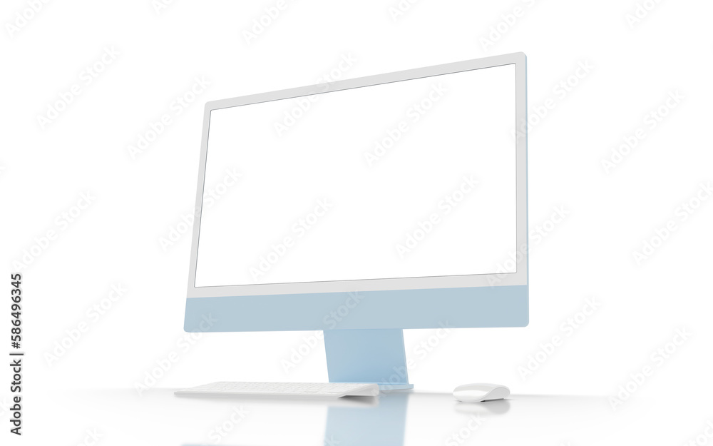 Modern blue computer display on desk with keyboard and mouse beside ...