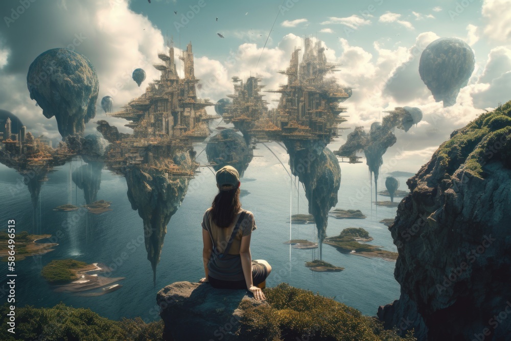 Futuristic Woman Gazing at Ultra-Realistic Dream World with Sci-Fi ...