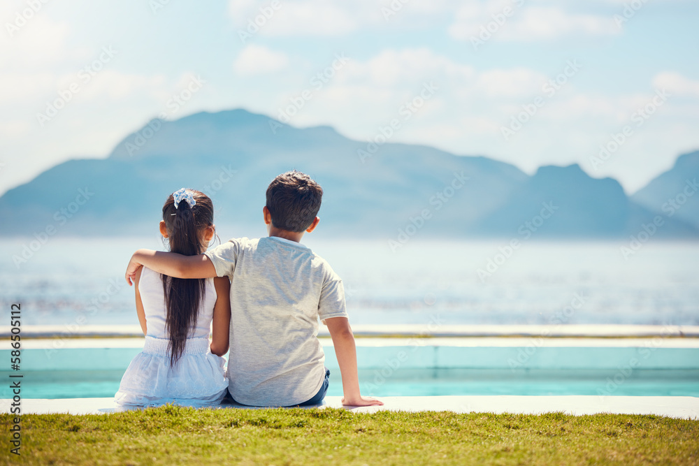 Siblings, hug and back by ocean with love in mock up space for kids ...