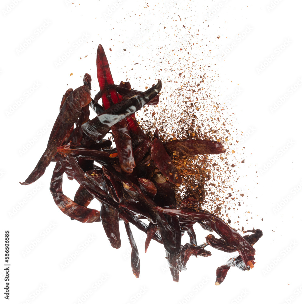 Fotka „Dried Red hot Chilli fall down explosion, dried Red Chilli float ...