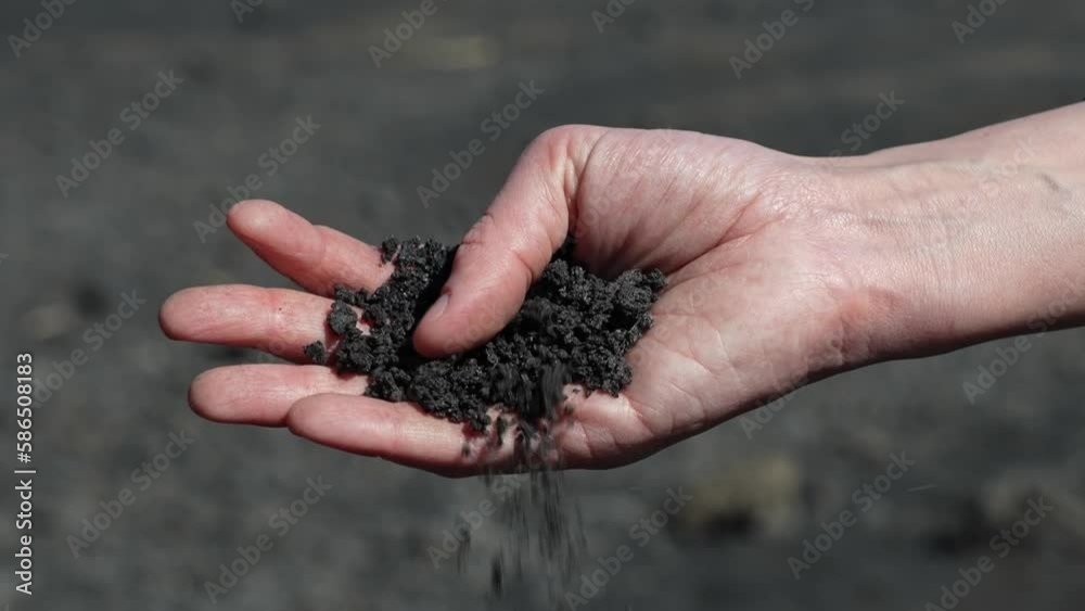 Hand drops scorched earth. Female fingers holding black volcanic soil ...