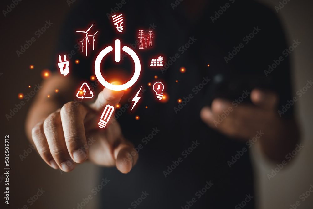 Hand point finger press power button. control open and close. man use ...