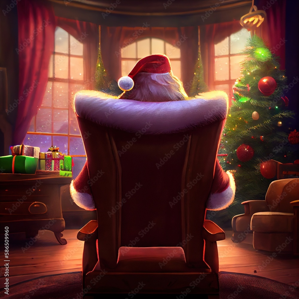 Santa sits in his chair with his back to viewer and looks at Christmas ...