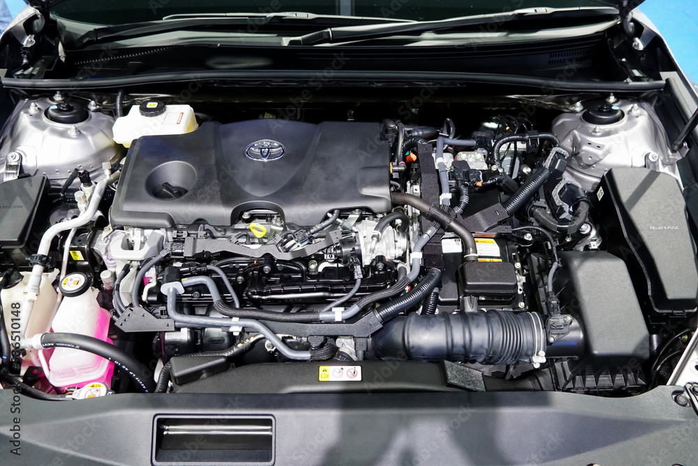 Bangkok, Thailand - 27 March 2023: Toyota HYBRID car engine room at the ...