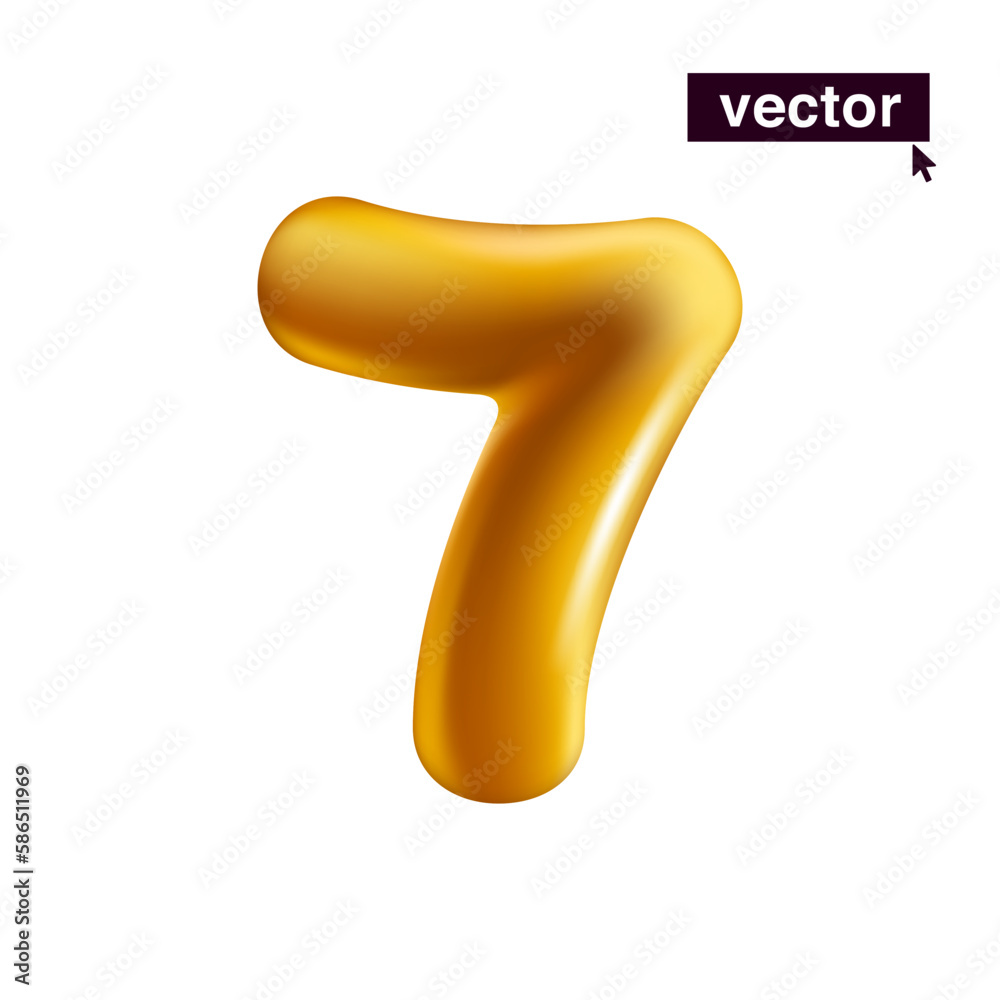 Number 7. Metallic golden seven sign. Realistic 3D design in cartoon ...