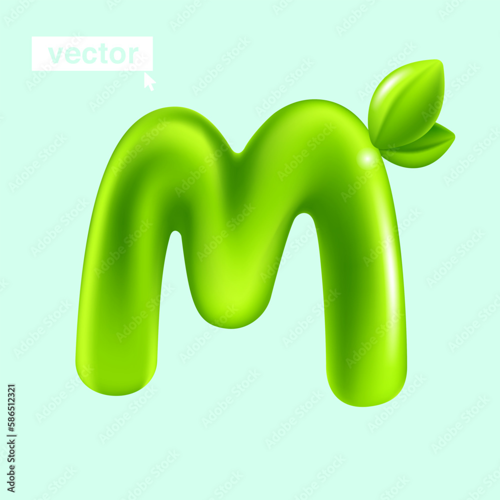 Letter M eco logo with green leaves. 3D realistic and cartoon balloon ...