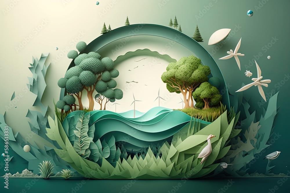 Paper art, renewable energy background with green energy as wind ...