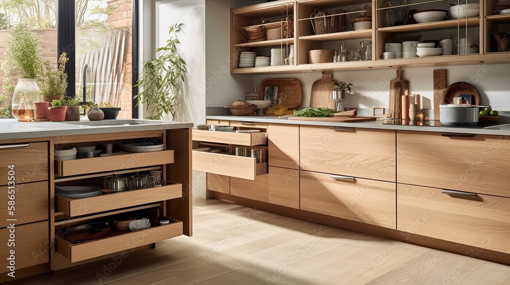 Modern kitchen with oak cabinets. Lower cabinets with built-in drawers ...