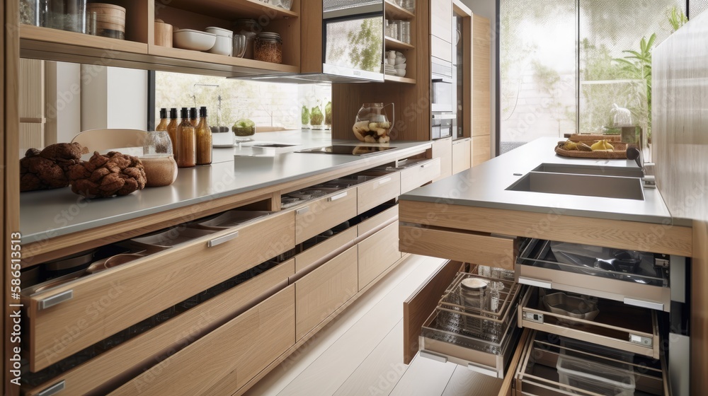 Modern kitchen with oak cabinets. Lower cabinets with built-in drawers ...
