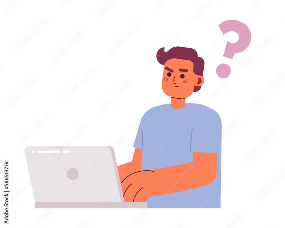 Vetor de Confused male programmer with laptop semi flat color vector ...