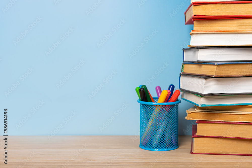 Composition with vintage old books, diary and open book whith cup for ...