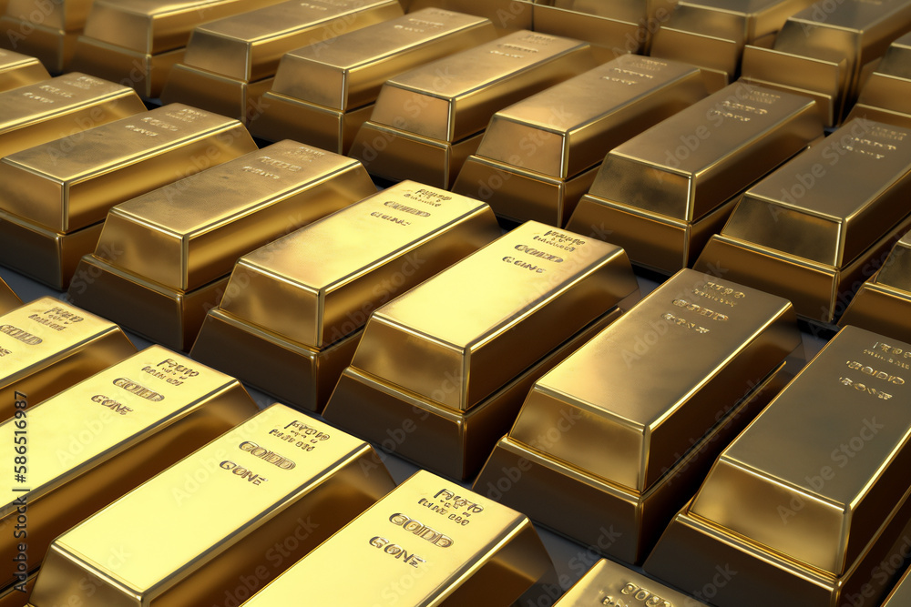 Solid gold bullion bars in a stack inside a bank vault where the ...