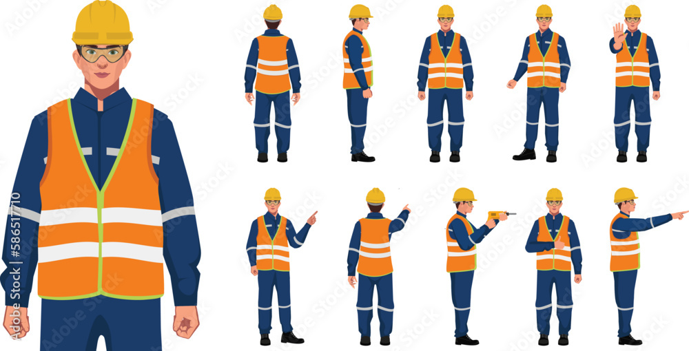 set of industrial worker on blue uniform characters in white background ...