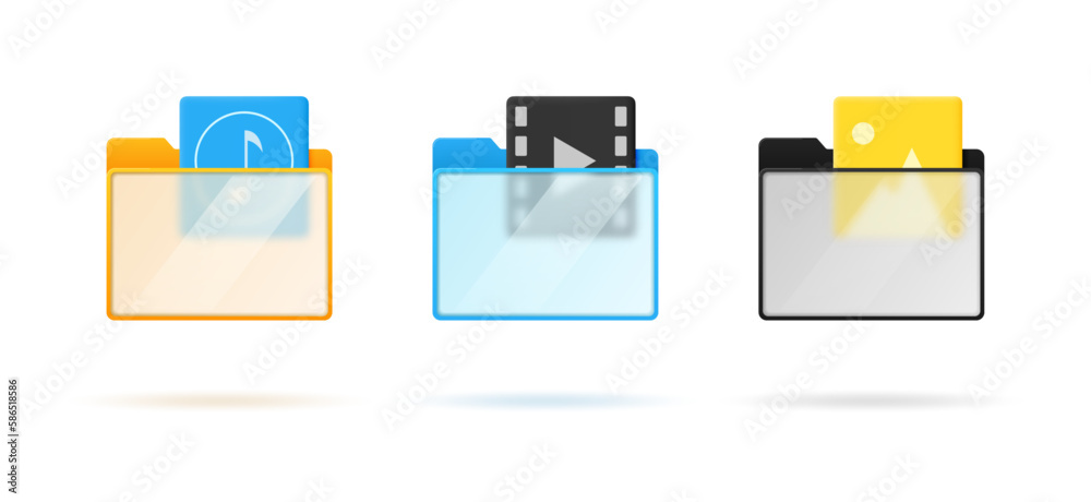 Set of folder icons with multimedia and transparent glass elements ...