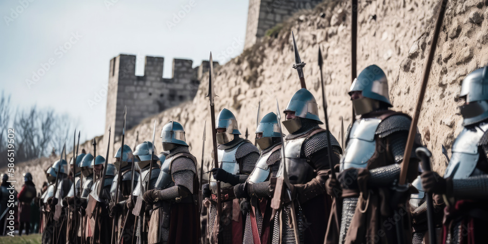 A large medieval army lined up on the castle walls before war. Middle ...