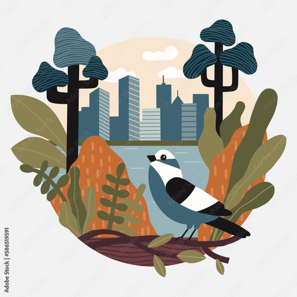 Rewilding city concept: bird at the wild park in the city. Natural ...