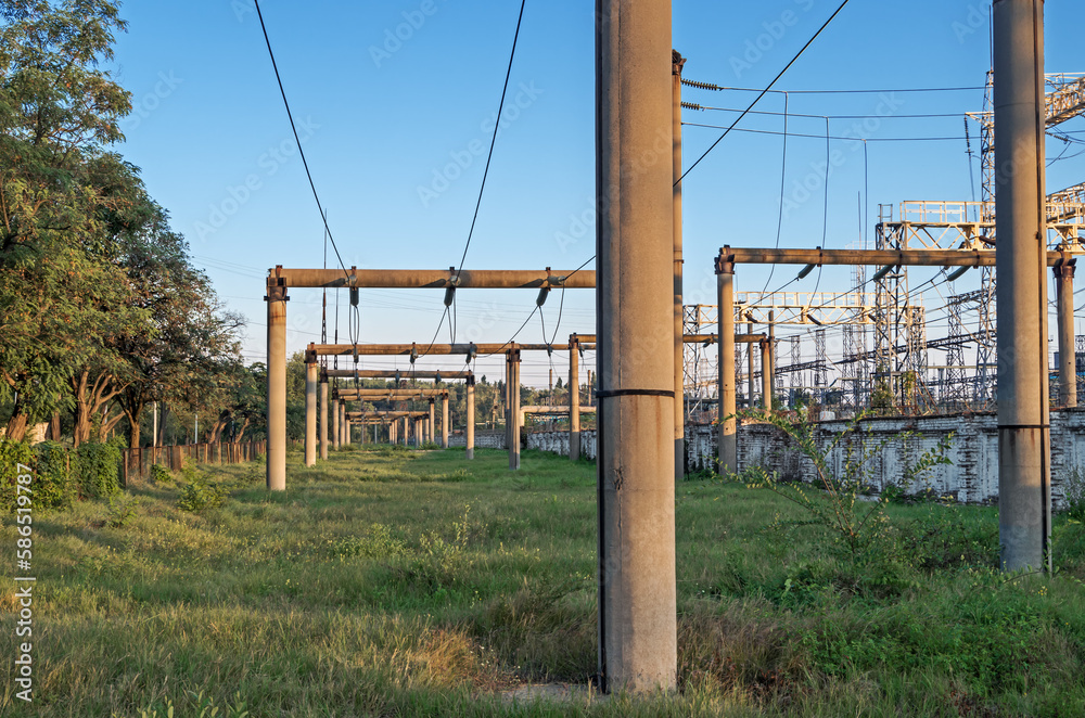 High-voltage transmission lines of open switchgear TPPs Stock Photo ...