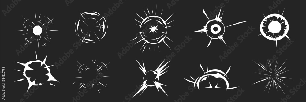 Cartoon spark and explosion effect set. Vector comic boom blast clouds ...