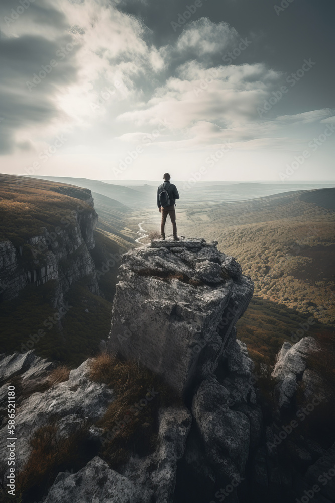 A person standing on the edge of a cliff, looking out over a vast, open ...