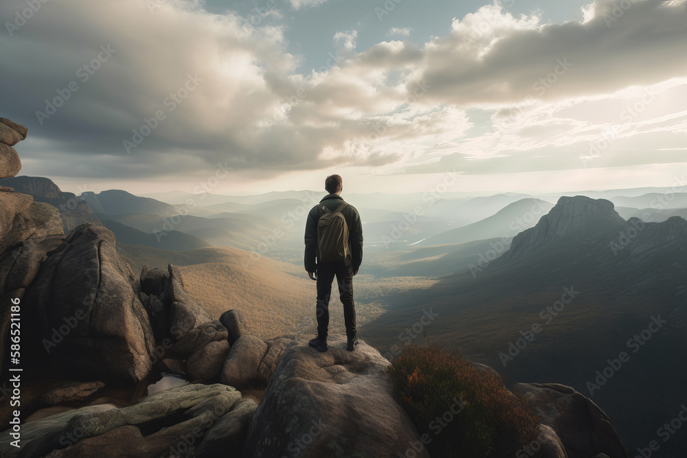 A person standing on the edge of a cliff, looking out over a vast, open landscape. feeling of ...