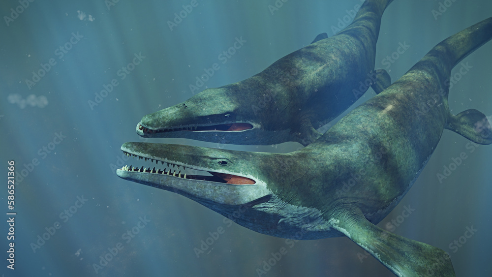 Mosasaurus couple, majestic marine reptiles swimming together in the ...