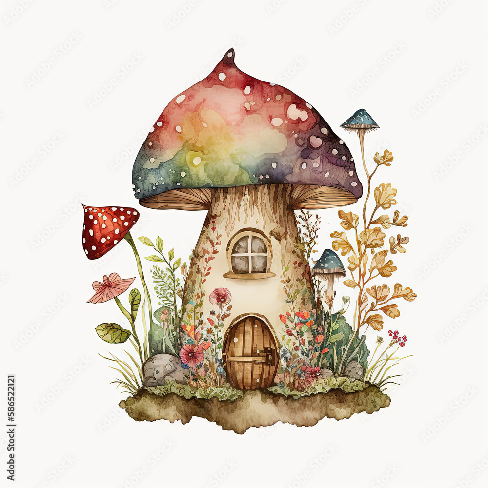Watercolor magical mushroom house illustration on white background. Ai ...