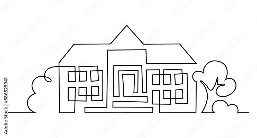 School building in continuous line art drawing style. Cartoon drawing ...
