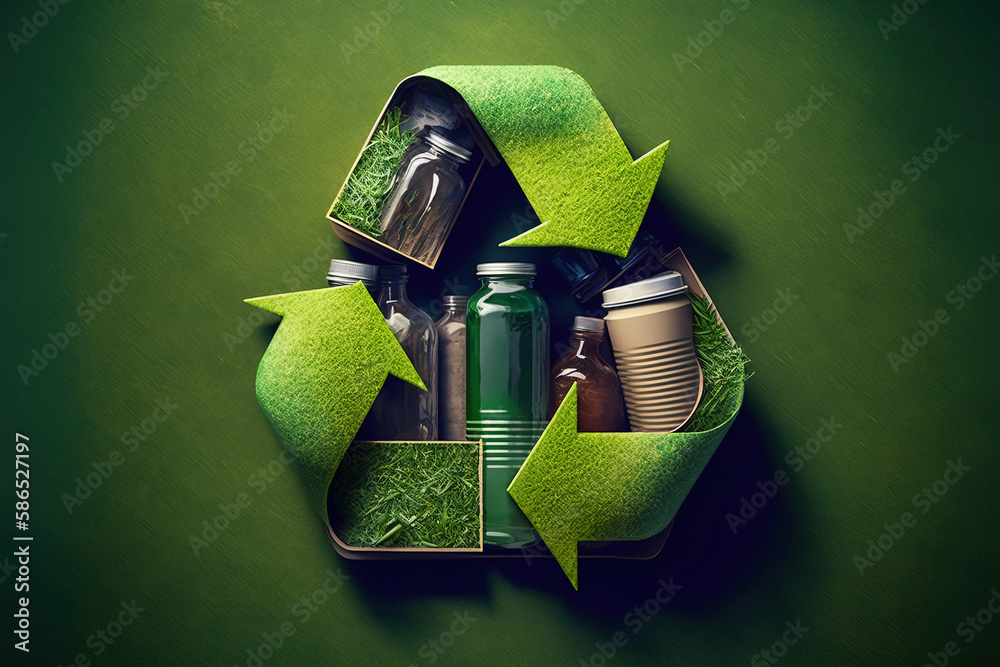 Recycling icon with made with green grass with glass and plastic ...