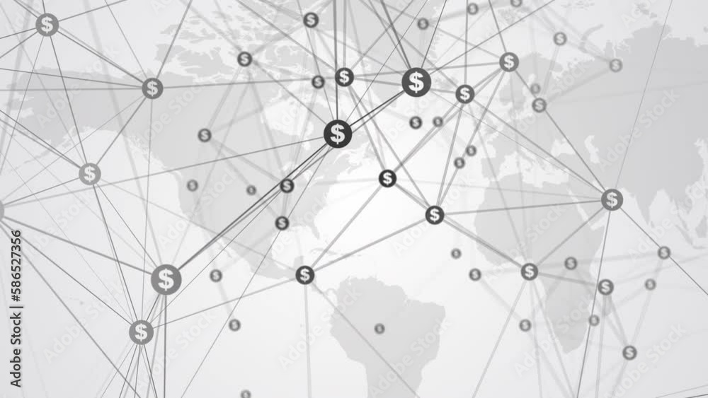Abstract movement of dollar icons connected by lines on white world map ...