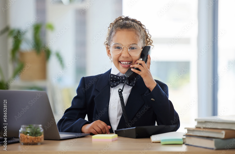 Portrait, children and telephone with a business girl playing in an ...