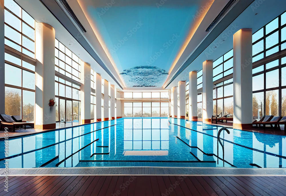 Large bright pool with long walkways and panoramic windows. AI ...