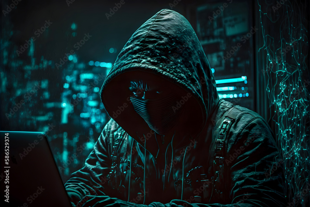 evil hacker in black hood and mask on dark black-cyan data background ...
