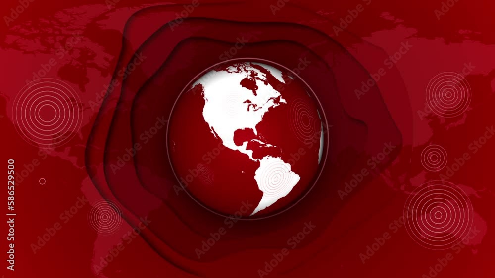 Earth globe rotating on a red background with a world map. Radial ...