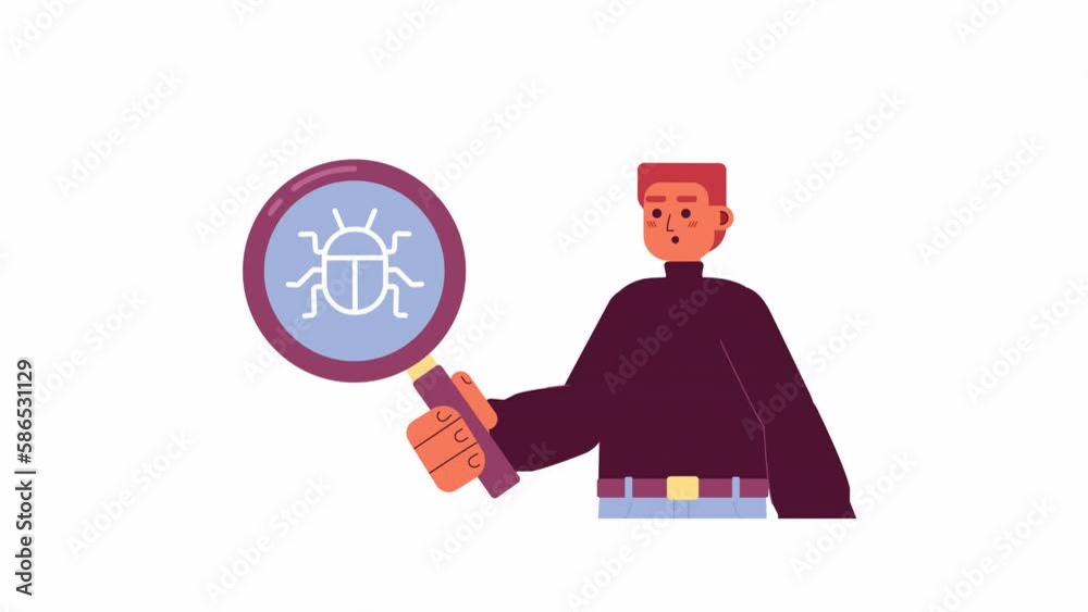 Animated bug tester. Man with magnifying glass. Finding mistakes in ...