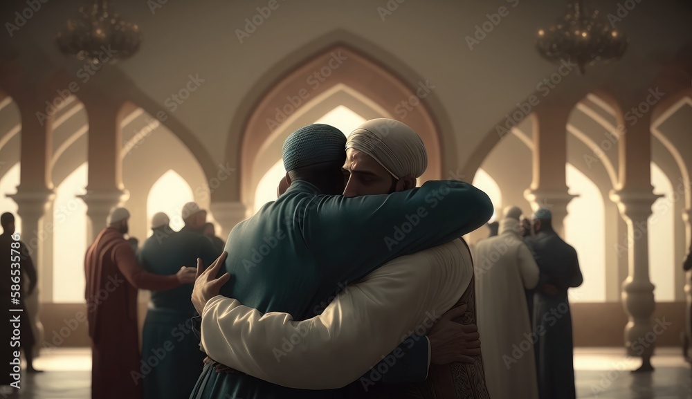 Muslim men occasionally embrace and welcome to each other after Eid ...