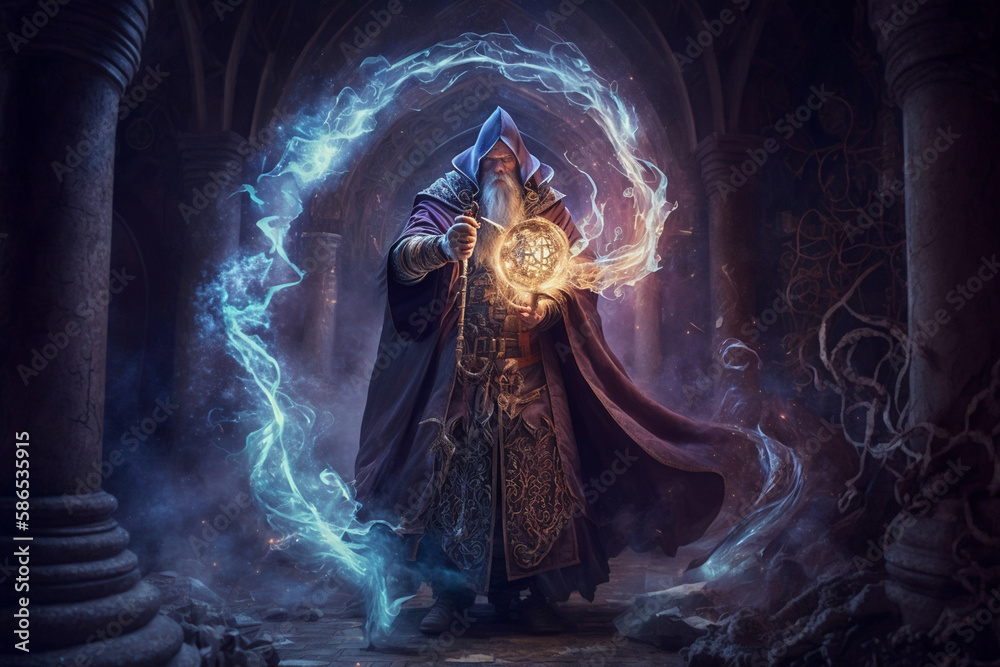 In a fantastical realm of dragons and knights, a powerful wizard stands ...