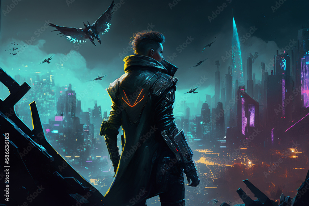 In futuristic cityscape, rebel leader stands atop building, surveying ...