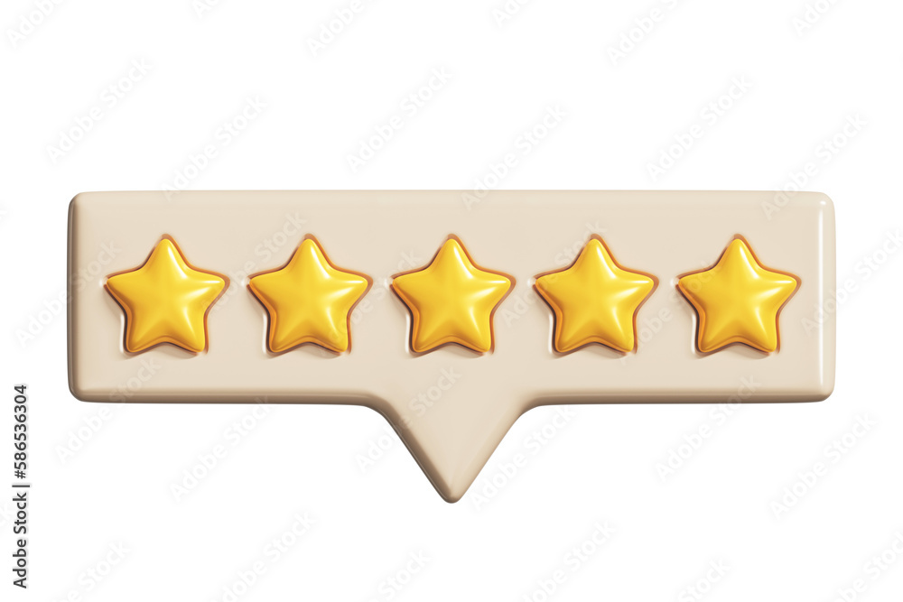 Speech bubble with five golden rating stars. Yellow reviews stars on ...