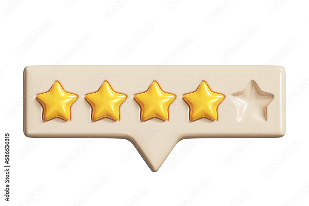 Speech bubble with four golden rating stars. Yellow reviews stars on ...