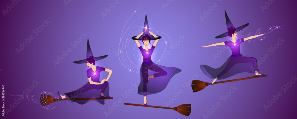 Halloween Witches Doing Yoga Postures Slim Young Witches Women In Hatha Yoga Poses Standing On
