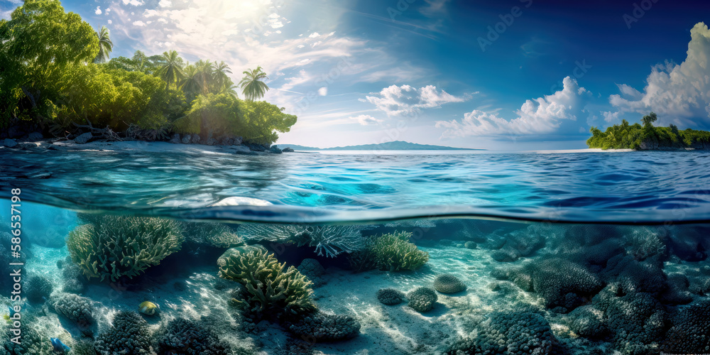 Karibik Insel aus Sicht eines Schnorchlers im Meer mit Riff und ...