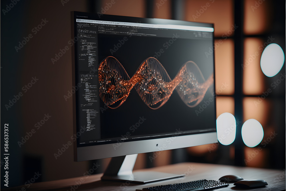 DNA helix on scientist's computer screen created with generative AI ...
