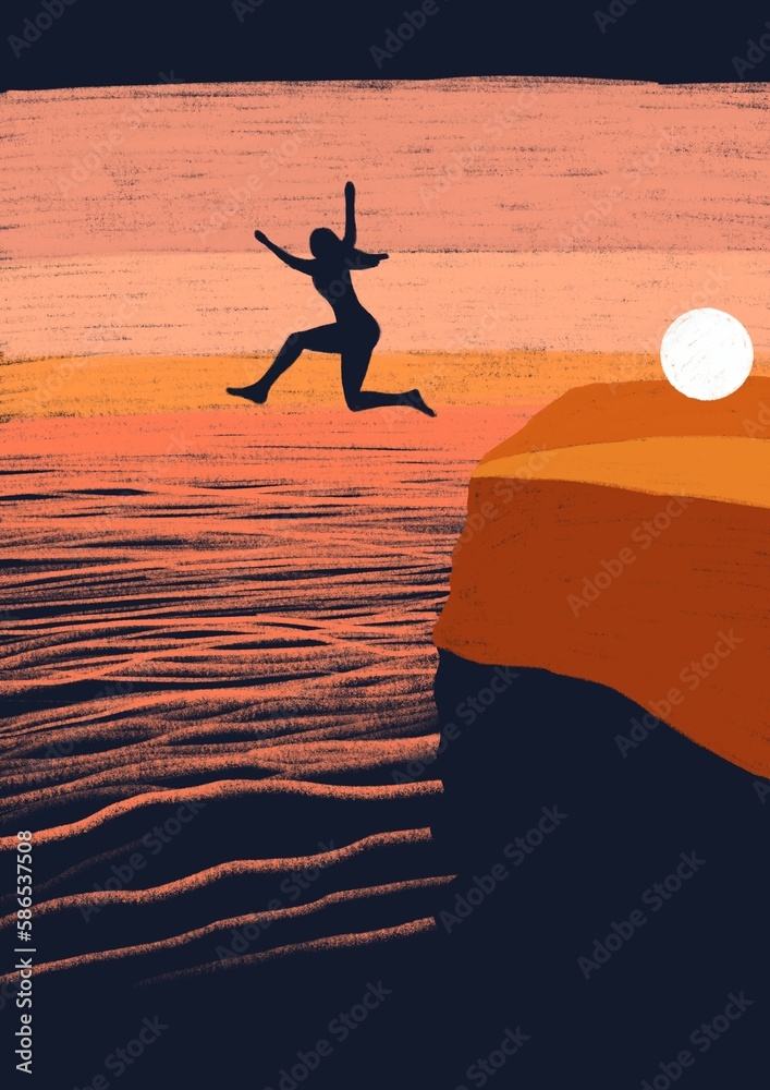 Jump into the unknown - female person silhouette jumping into water from cliff with sunset ...
