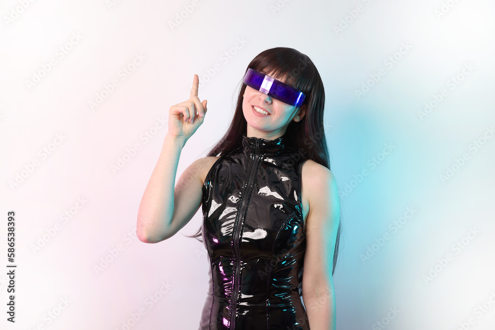 Beautiful female chatbot with futuristic glasses in a black dress ...