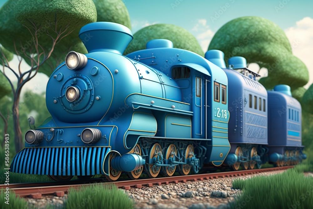 cartoon illustration, of blue train with railway carriages, ai ...