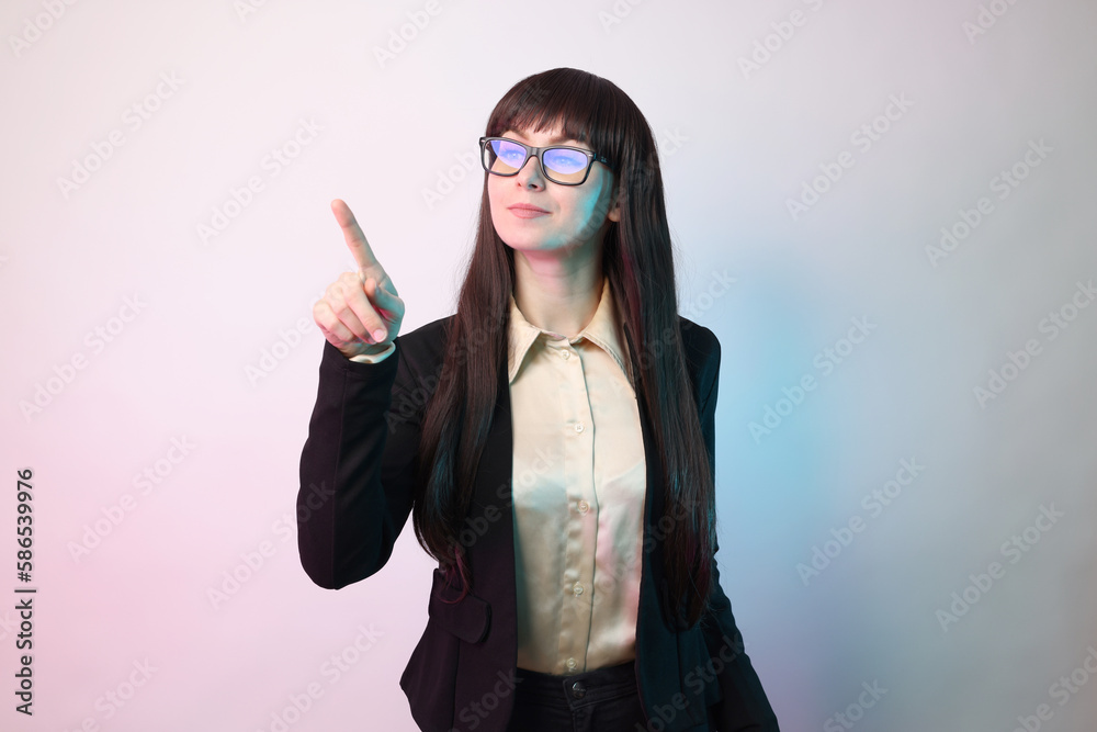 Beautiful female chatbot in business look with glasses, smiling while ...