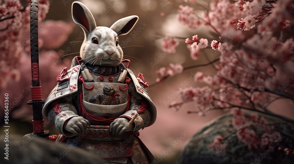 Samurai dressed rabbit in traditional Japanese armor against the ...