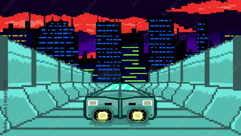 Animated video of futuristic car game in old style 8 bits, city, arcade ...