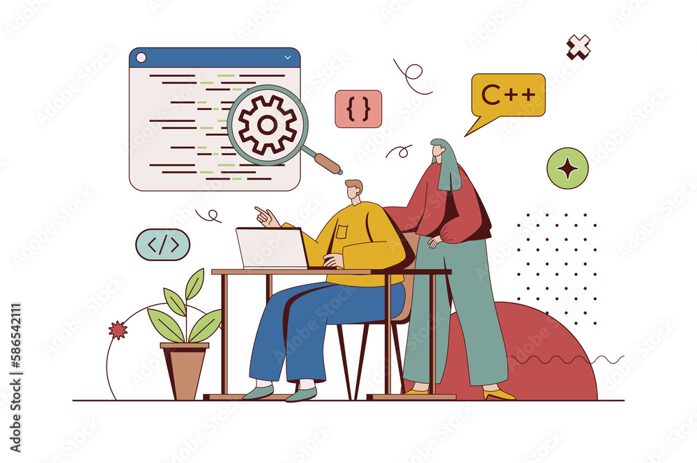 Programming software concept with character situation in flat design. Man and woman developers ...