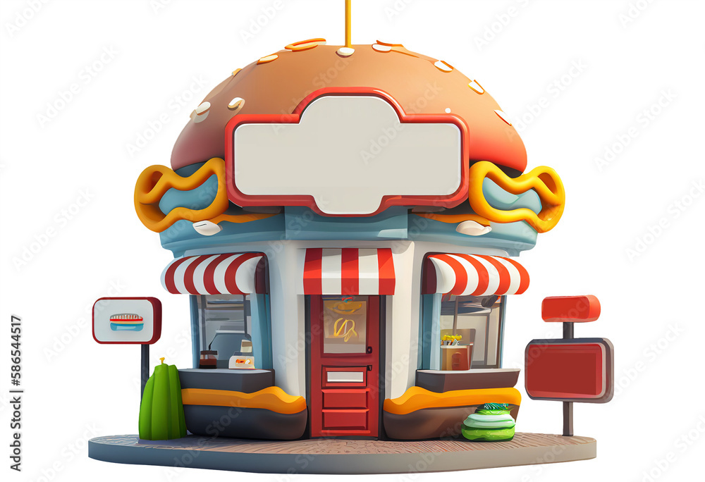 3d illustration front of store building of hamburger or berger shop ...